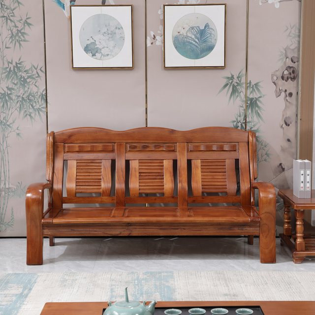 Full solid wood sofa combination modern simple wood three-person seat ...