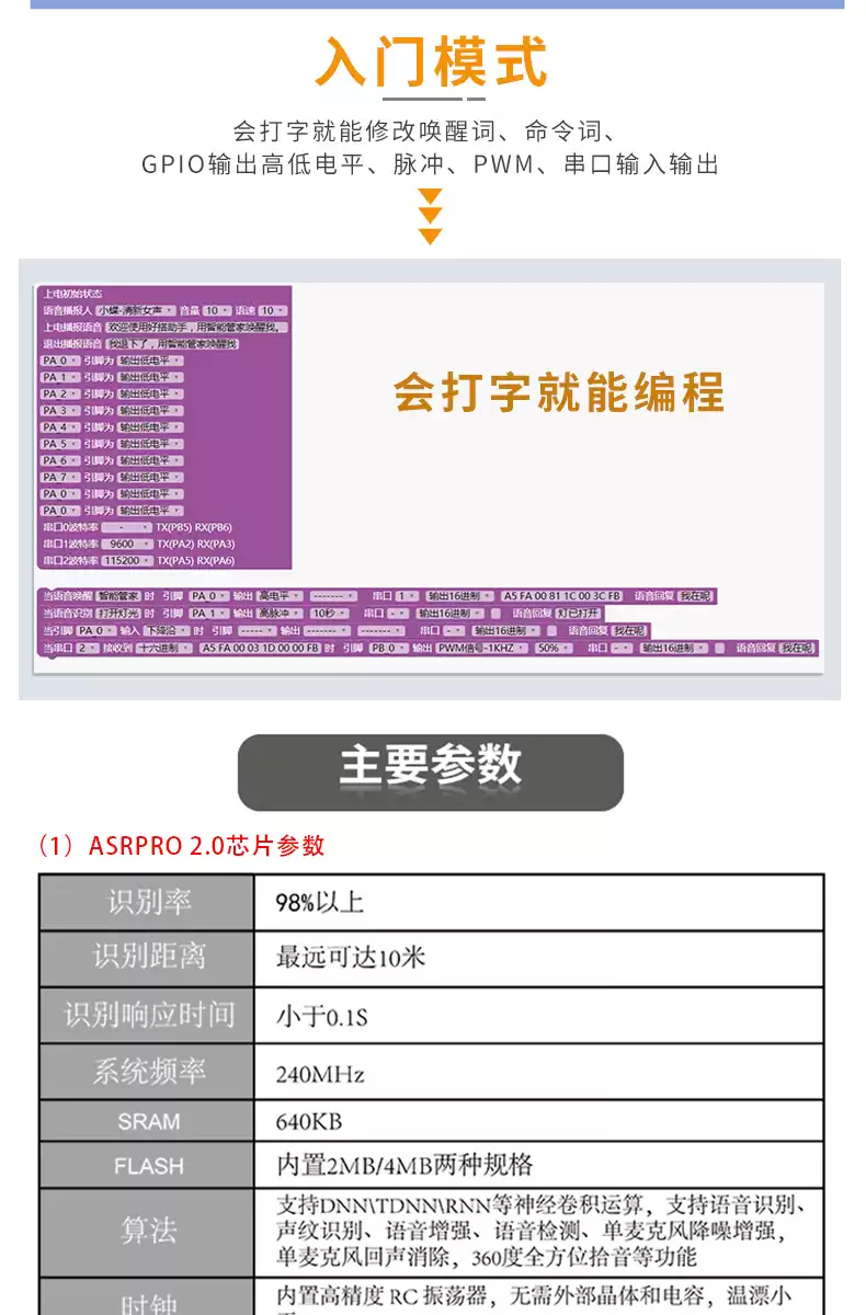 ASRPRO2.0离线语音模组天问核心板语音识别开发 智能语音识别模块 ASRPRO开发板配套外接麦克风 语音控制开发工具包