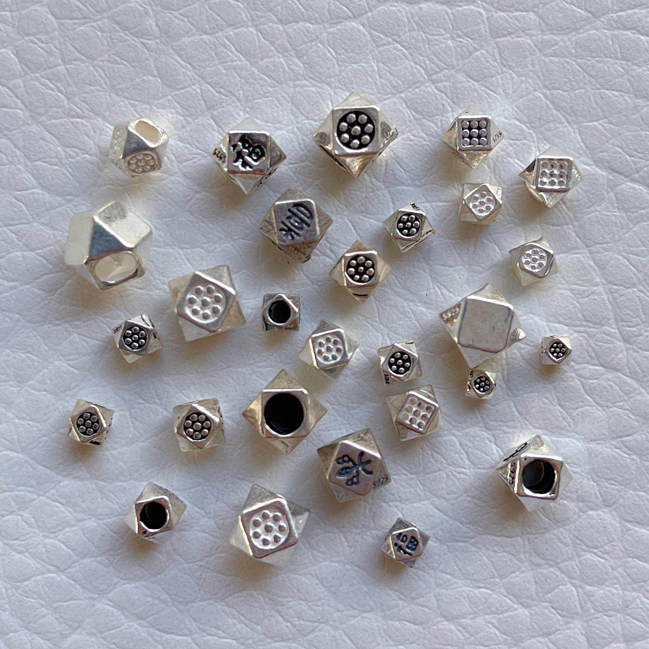 S925 silver retro old silver bouncing beads polygonal blessing word joy ...