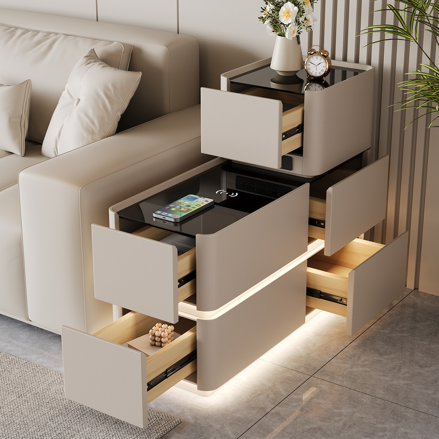 轻奢必备！多功能沙发边柜，岩板+智能实木，小户型也能享受高级感 -角几-淘宝百科网