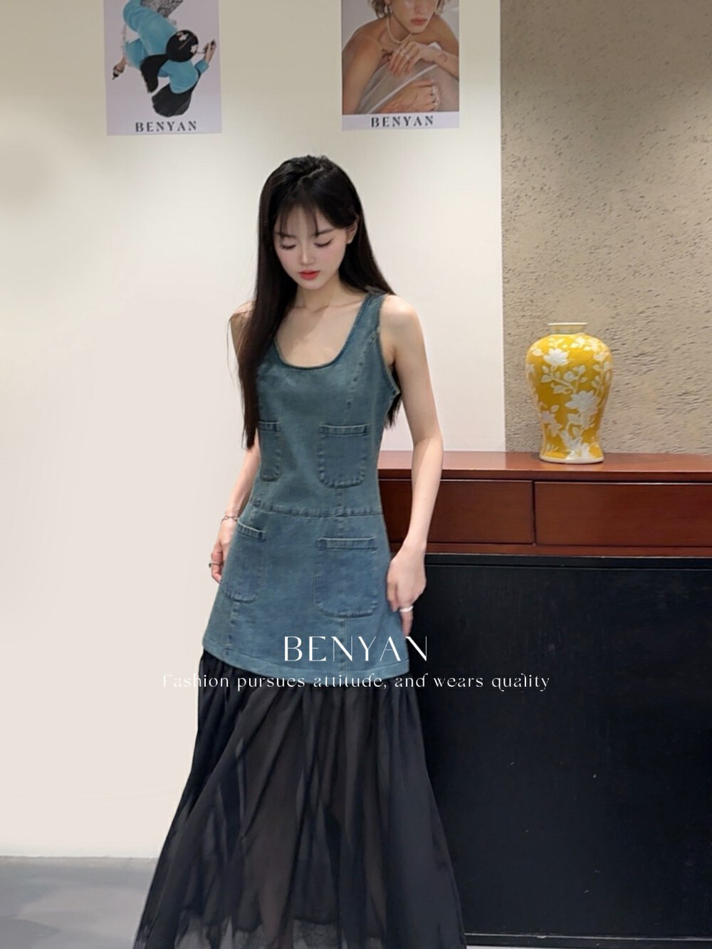 BENYAN本言夏季气质简约假两件牛仔拼接网纱连衣裙