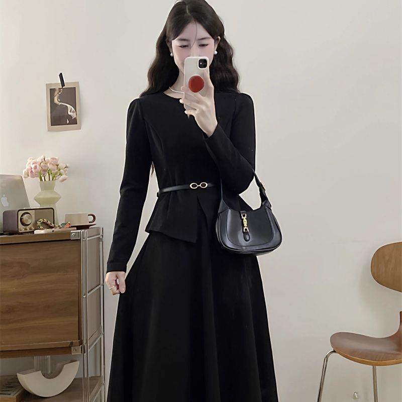 大码女装春秋新款高级感长袖气质收腰显瘦上衣高腰遮肉半身裙套装