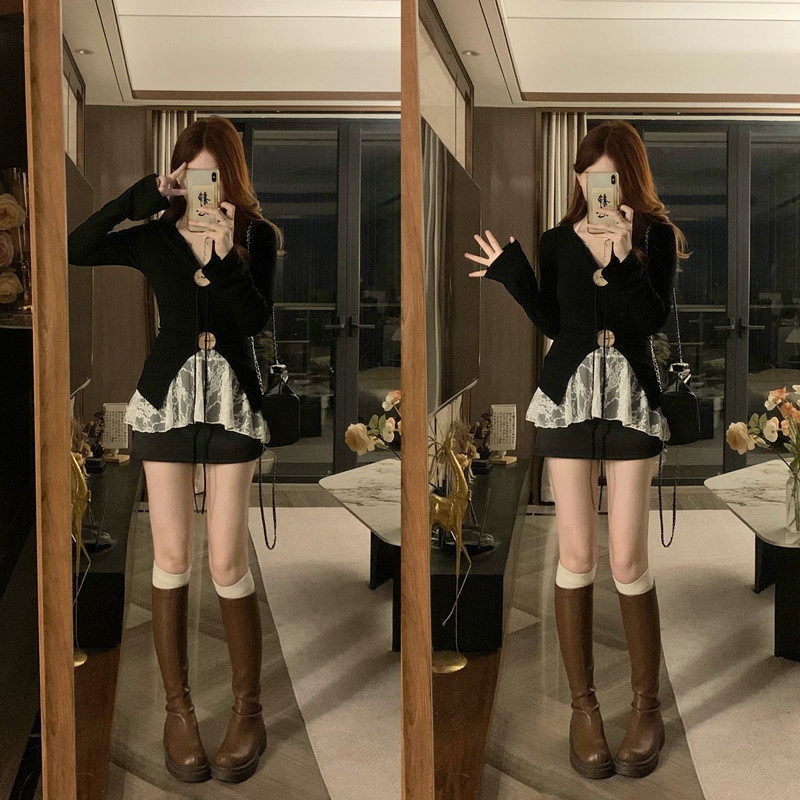 大码胖mm纯欲辣妹套装女秋季V领针织上衣蕾丝挂脖半身裤裙三件套-Taobao