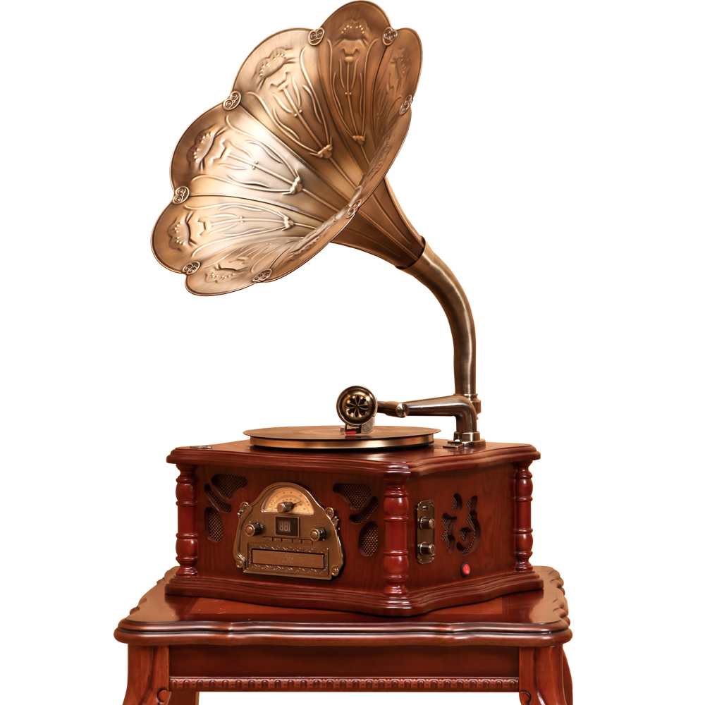 [USD 587.32] Retro phonograph home with large horn imitation ancient cd ...