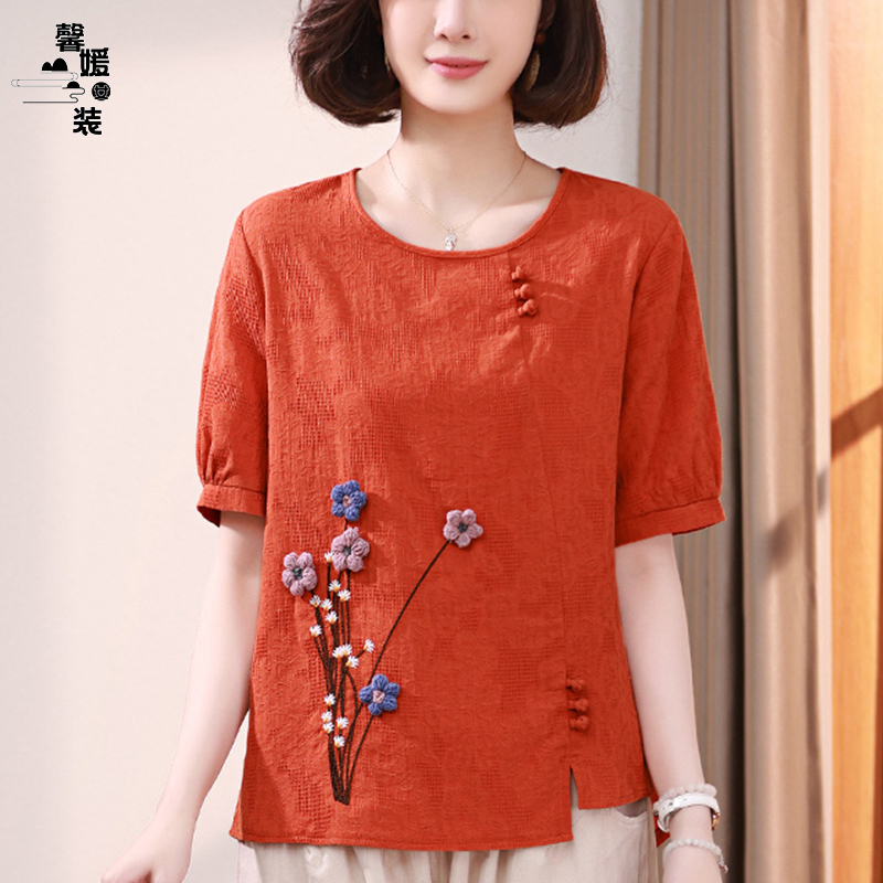 中老年媽媽純棉短袖T恤女2024夏季新款寬鬆休閒洋派減齡小衫上衣-Taobao