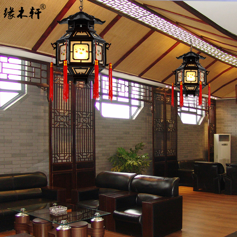 中式古典燈籠吊燈仿古宮燈六角木質防水戶外陽臺宮廷走廊飯廳燈具