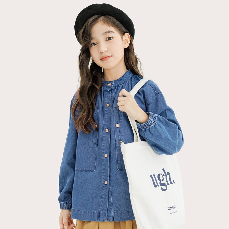 纯一良品童装女童立领长袖衬衫春秋 中小童复古牛仔衬衣110-150码-Taobao