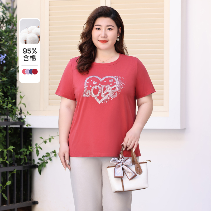 胖mm夏季圓領短袖加大碼時尚燙鑽媽媽洋派加肥百搭200斤純棉T恤衫-Taobao