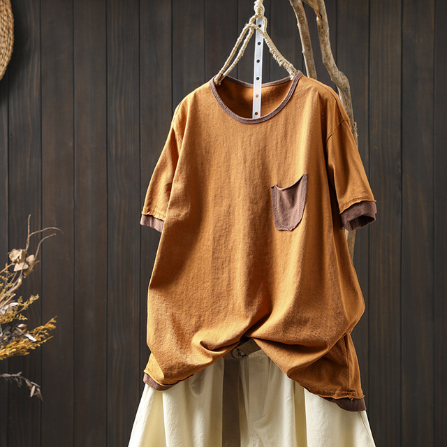 Contrast color pocket pure cotton short-sleeved T-shirt for women 2025 ...