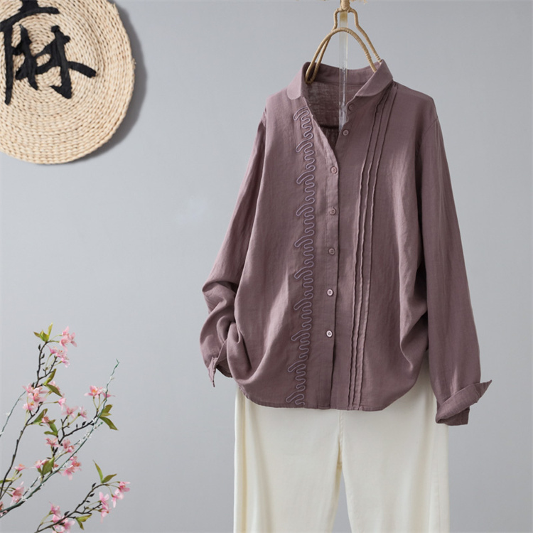 秋季新款 文艺范翻领绣花双层棉纱衬衫女复古宽松纯色显瘦衬衣-阿里巴巴