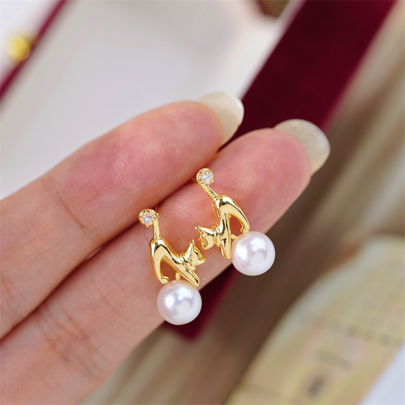 DIY配件 18K包金铜厚镀金小猫咪耳钉异形巴洛克耳饰半成品金色-Taobao