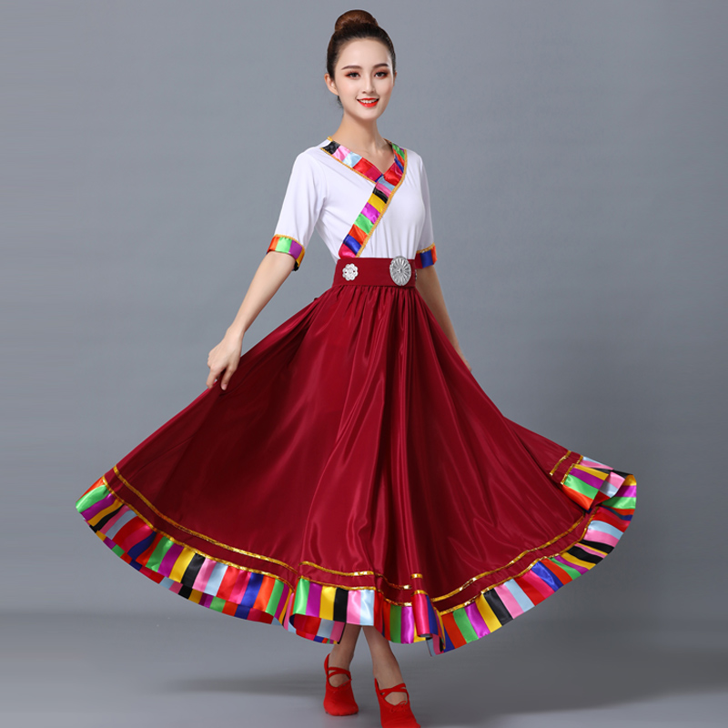 [USD 17.48] Tibetan dance practice skirt half-dress national style square dance performance ...