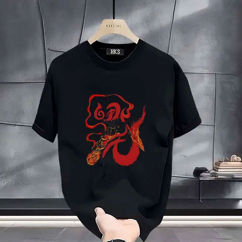 圓領男女同款痞帥純棉短袖Ins時尚寬鬆休閒百搭上衣T恤哪吒印花-Taobao