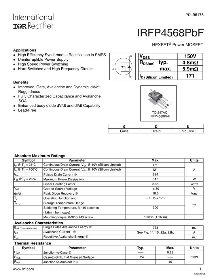 原装正品 IRFP4568PBF TO-247(AC) N沟道 150V/171A 直插MOSFET-阿里巴巴