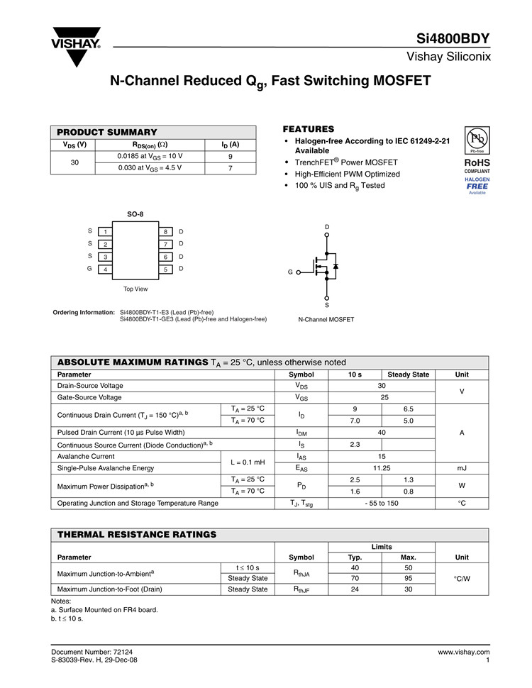 原装 SI4800BDY-T1-GE3 SOIC-8 N沟道 30V/6.5A 贴片MOSFET-阿里巴巴
