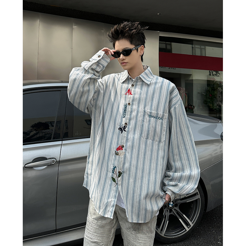 春季条纹刺绣冰丝衬衫男女设计感别致情侣装长袖凉感衬衣外套上衣