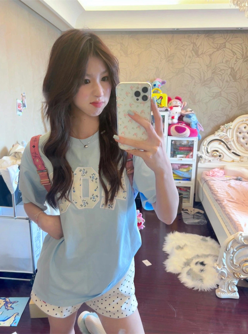 黎帮主 纯棉韩系碎花贴布刺绣短袖t恤女2024夏季宽松韩版ins上衣-Taobao