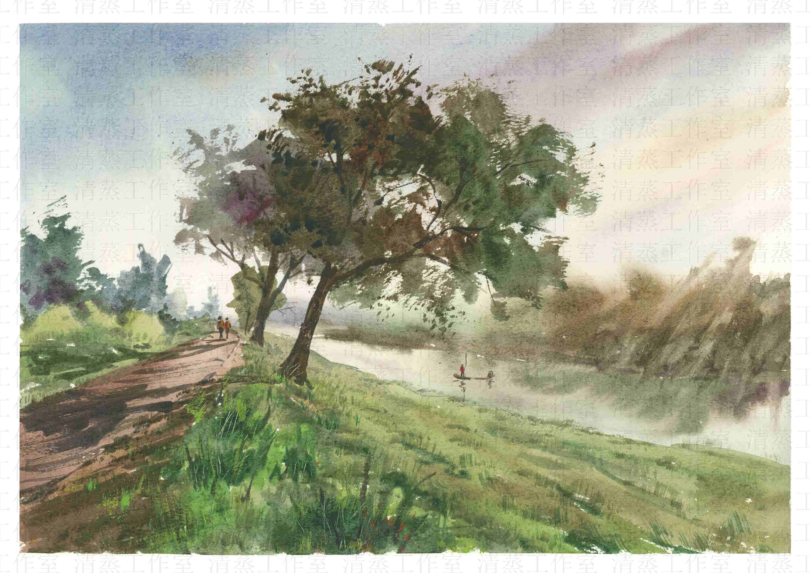 [USD 12.77] Pure hand painting original watercolor scenery character ...