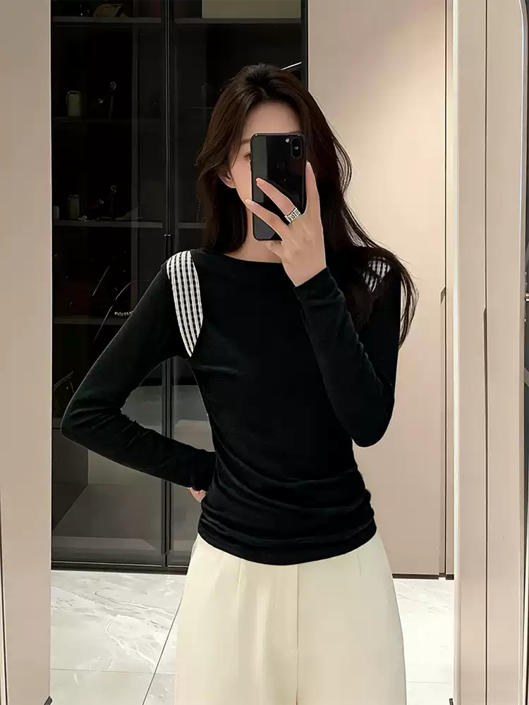 韩系黑色插肩长袖t恤打底衫女秋冬季设计感短款修身内搭正肩上衣