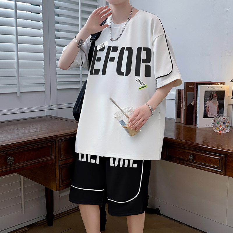 青少年夏季短袖T恤男潮牌寬鬆初中高中學生男裝搭配一套帥氣套裝