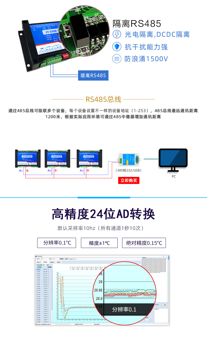 JY-DAM-TC08 温度采集模块-聚英电子官网