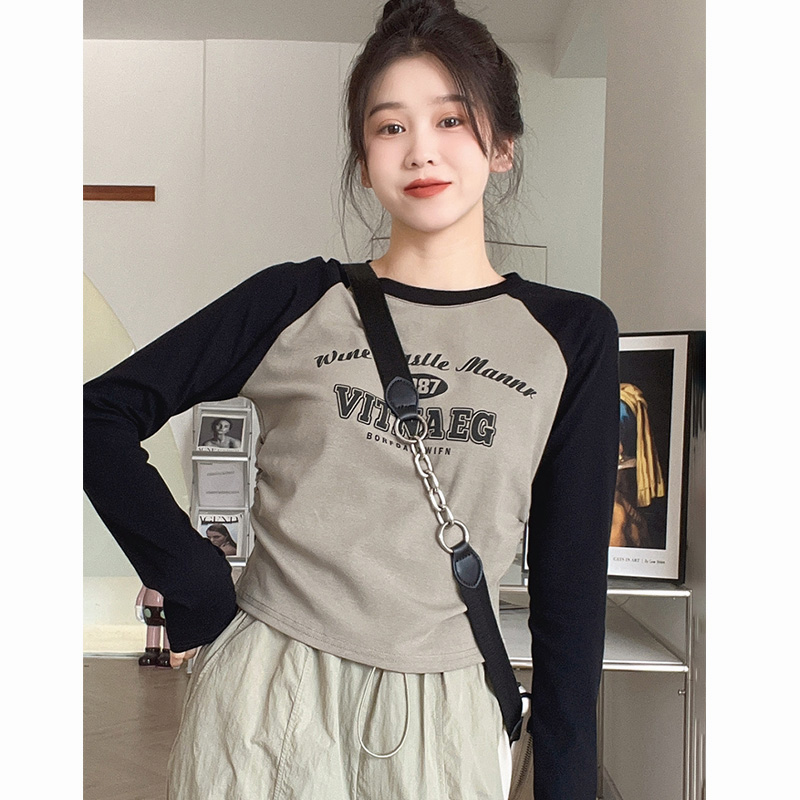 打底衫早秋新款女裝2023修身顯瘦美式復古插肩長袖T恤秋季女上衣-Taobao