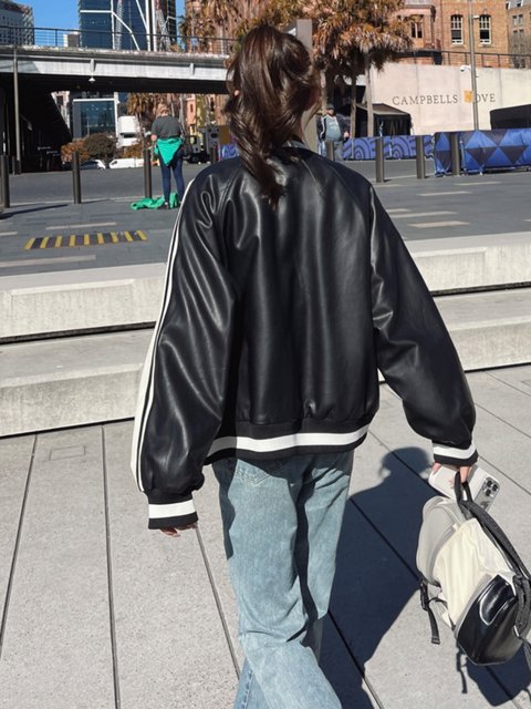 American casual contrasting color splicing baseball uniform leather ...