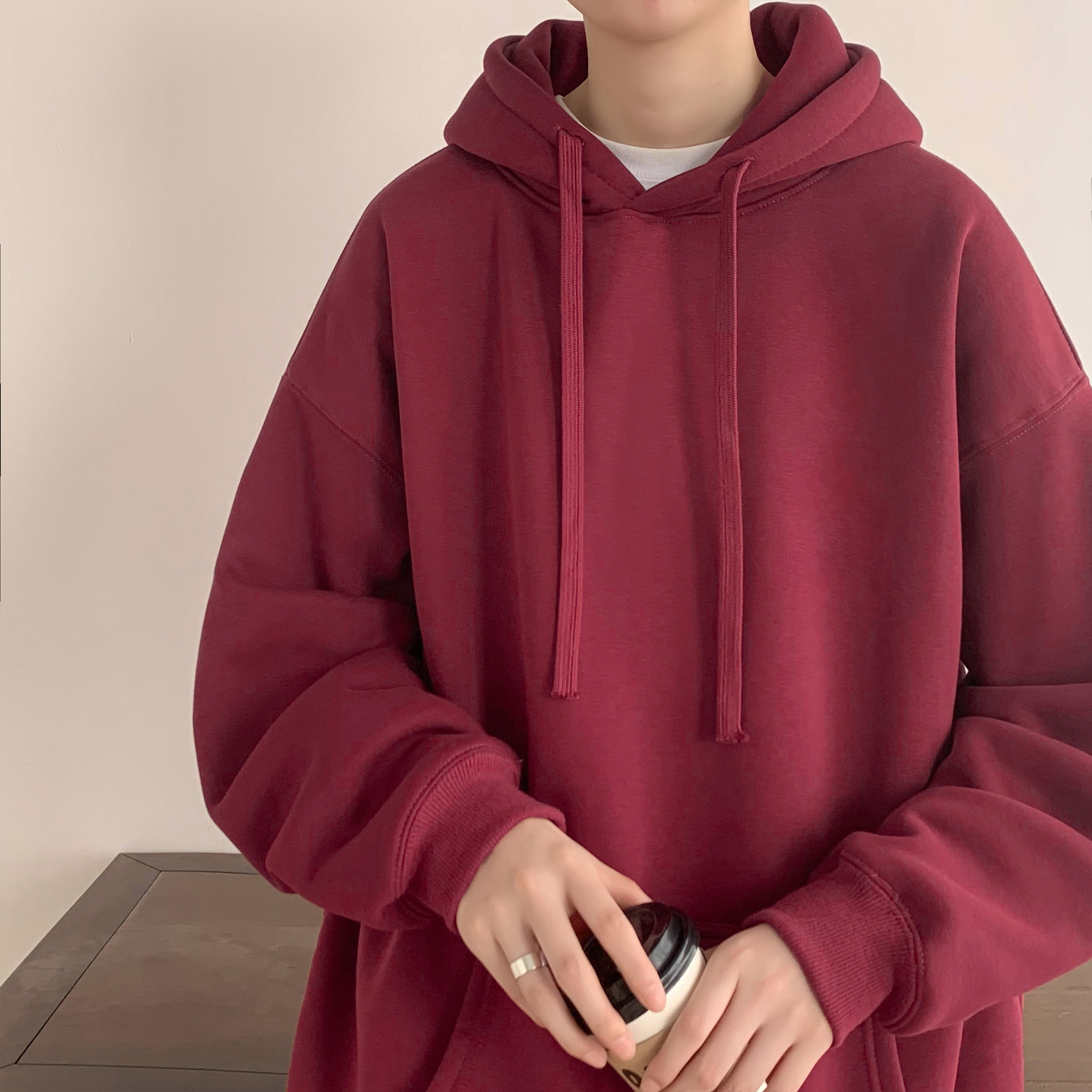 酒红色卫衣男连帽美式重磅套头外套秋冬款潮流宽松运动服休闲上衣-Taobao