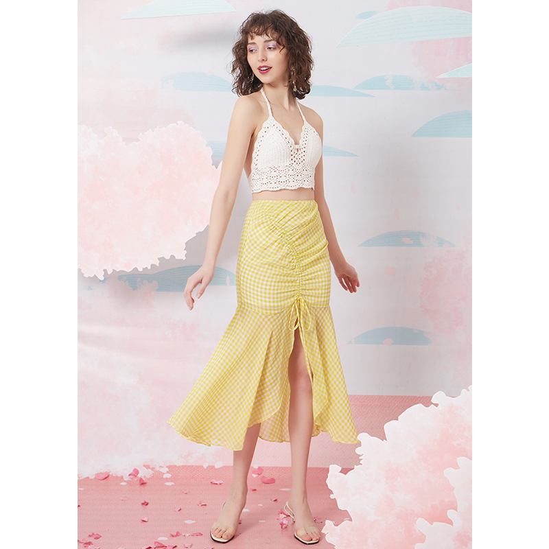 海边沙滩高腰复古度假嫩黄色显白格子雪纺包臀百搭鱼尾裙女半裙仙-Taobao Vietnam