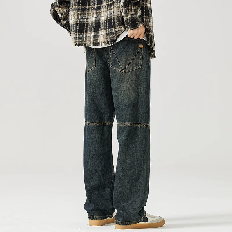 DGVV重工牛仔褲男潮牌春秋季美式復古寬鬆直筒寬褲做舊休閒長褲-Taobao