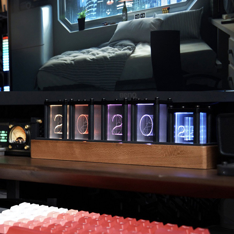 [USD 132.98] RGB prepares glow tube clock solid wood LED desktop ...