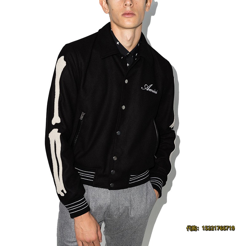 正品Amiri新款秋冬22FW骨头刺绣羊毛休闲时尚棒球服夹克外套男女-Taobao