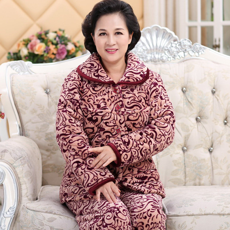 Middle-aged and elderly cotton pajamas women autumn and winter three ...
