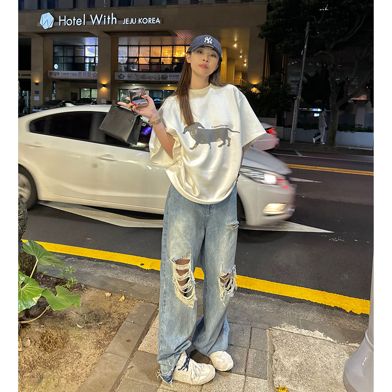 tingtings白色宽松短袖t恤女夏季新款休闲男友风小狗印花半袖上衣-Taobao