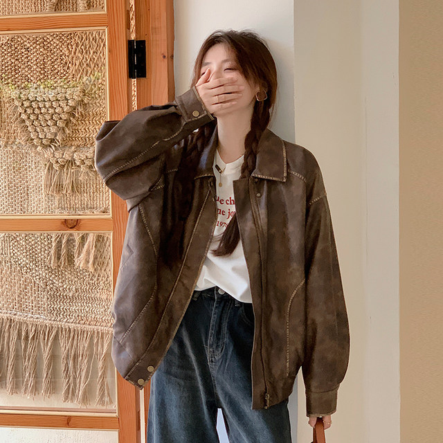 Brown small leather jacket for women new style this year's popular ...