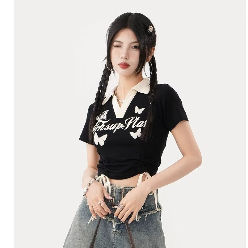 美式复古蝴蝶刺绣短袖T恤polo辣妹显瘦设计感抽绳绑带短款ins上衣-Taobao