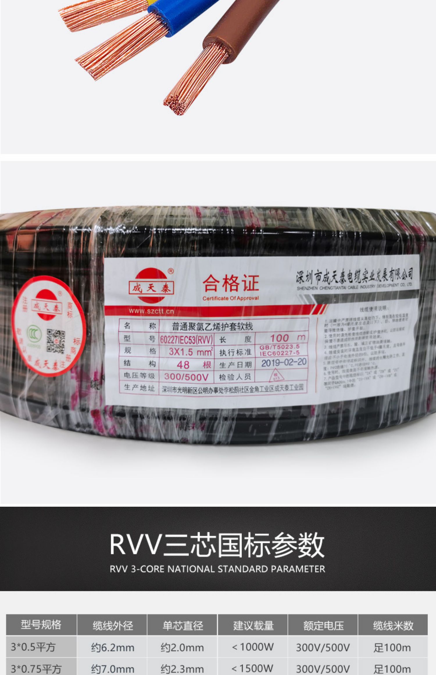 成天泰电线电缆国标铜芯软护套RVV2/3/4/5芯1.5 2 4 6平方电源线-阿里巴巴