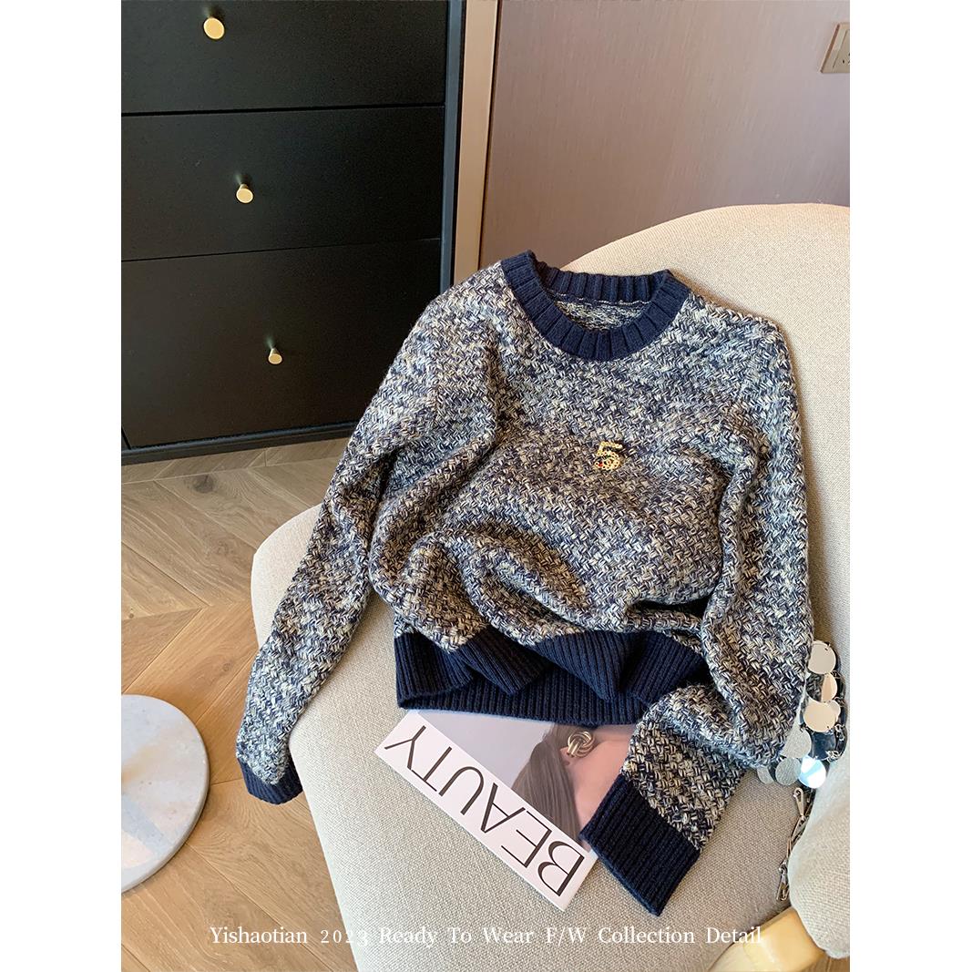 小香風粗花呢圓領套頭針織衫女秋冬2024設計感時尚顯瘦氣質毛衣-Taobao