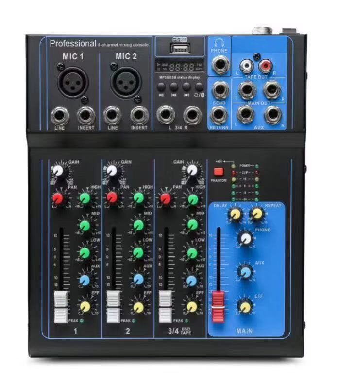 Small mixing console with two 48v phantom power inputs, four mp3 ...