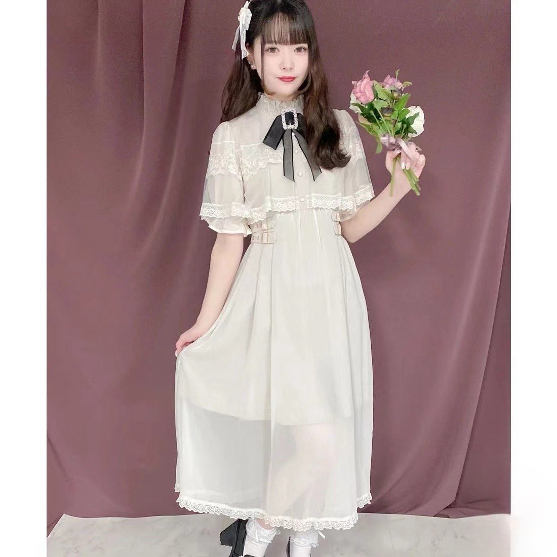 日单rojita连衣裙短袖女士斗篷网纱大蝴蝶结蕾丝花边气质拼接长裙-Taobao Singapore