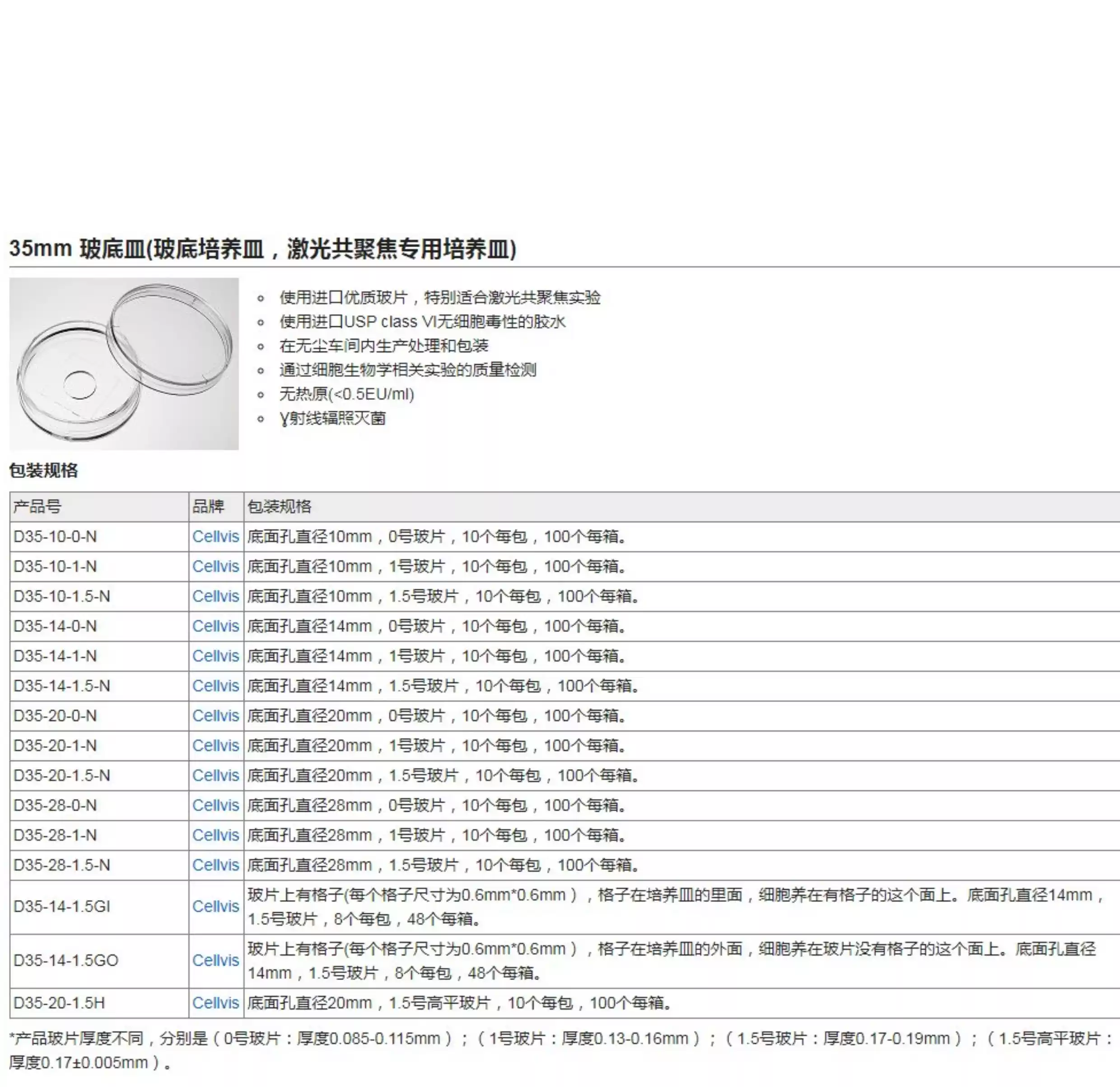 Cellvis共聚焦玻底皿D35-20-1-N/D35-10-1.5-N细胞玻璃底培养板
