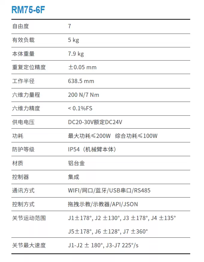 睿尔曼RM75-B机械臂 超轻仿人机械手臂 realman RM75-6F机械人手臂