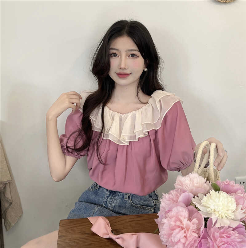 大尺碼法式鎖骨一字領露肩荷葉邊短袖襯衫女夏季胖mm溫柔風別致上衣-Taobao