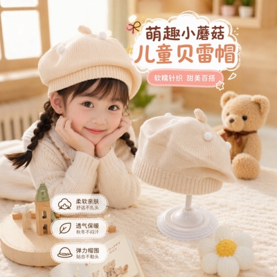 女童帽婴儿帽子春秋薄款贝雷帽宝宝针织毛线帽秋冬季纯色画家帽