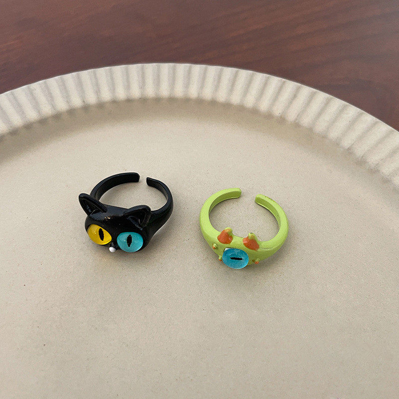 Childlike funny black kitten cartoon cute green little monster ring ...