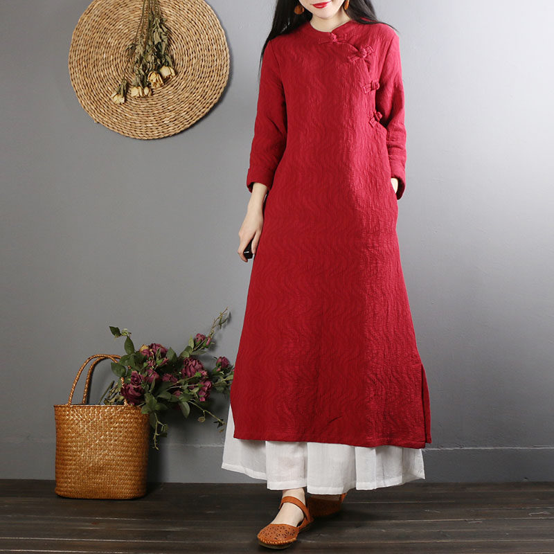 Chinese retro buckle cotton and linen dress female long-sleeved loose ...