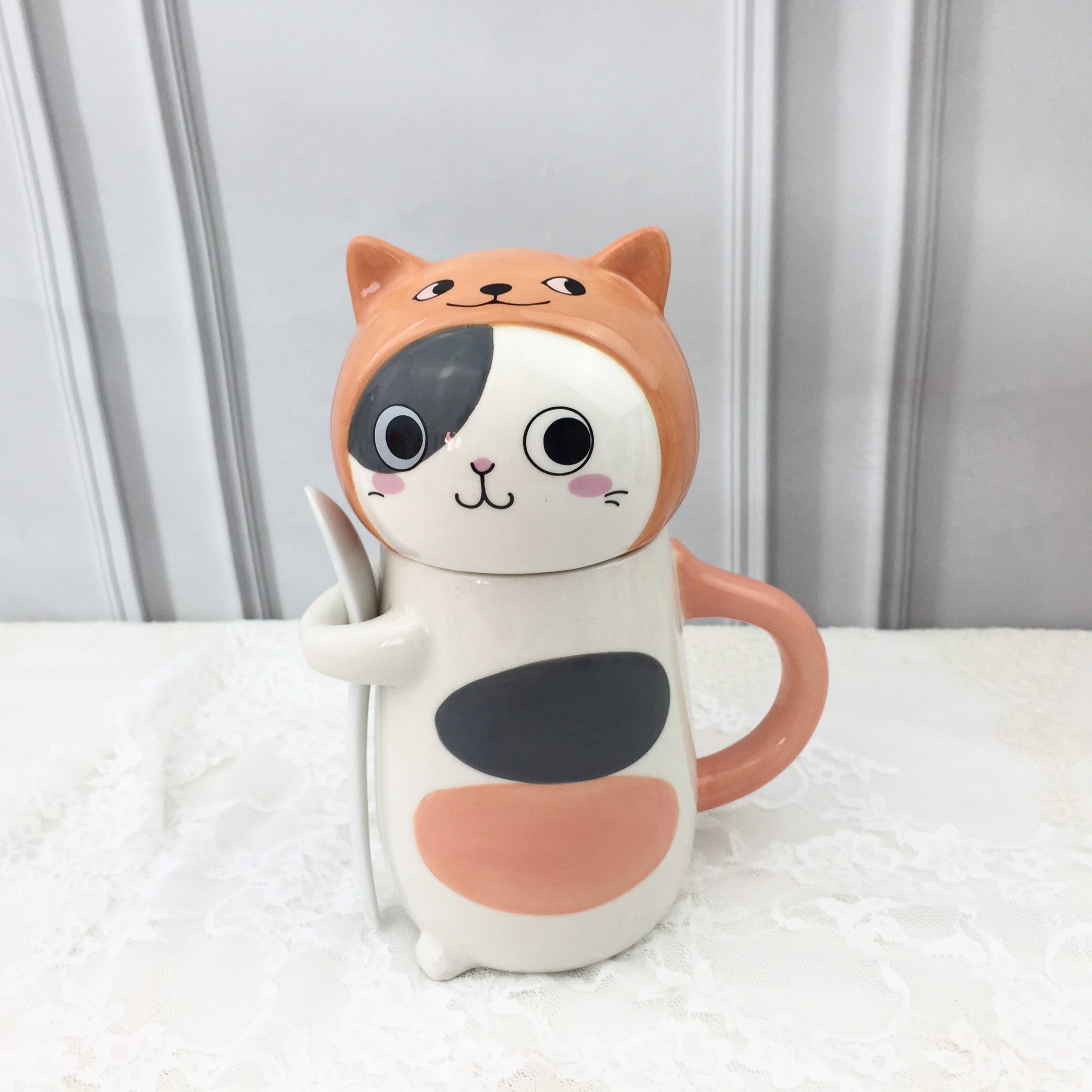 Cat couple cup ceramic cup with lid with spoon cute mug with lid spoon ...