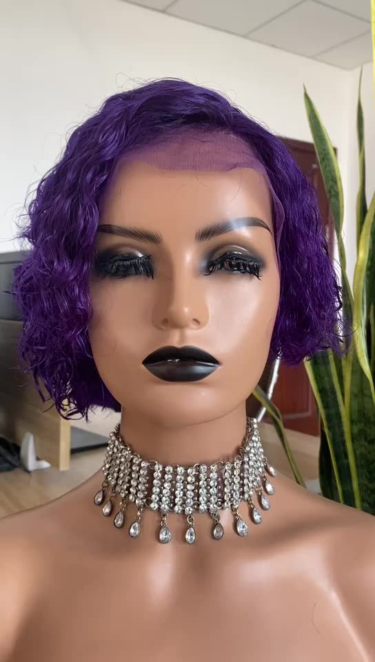 Purple Color Pixie Cut Wigs Human Hair Pre Plucked Brazilian Virgin Hair Short Pixie Bob Wigs ...