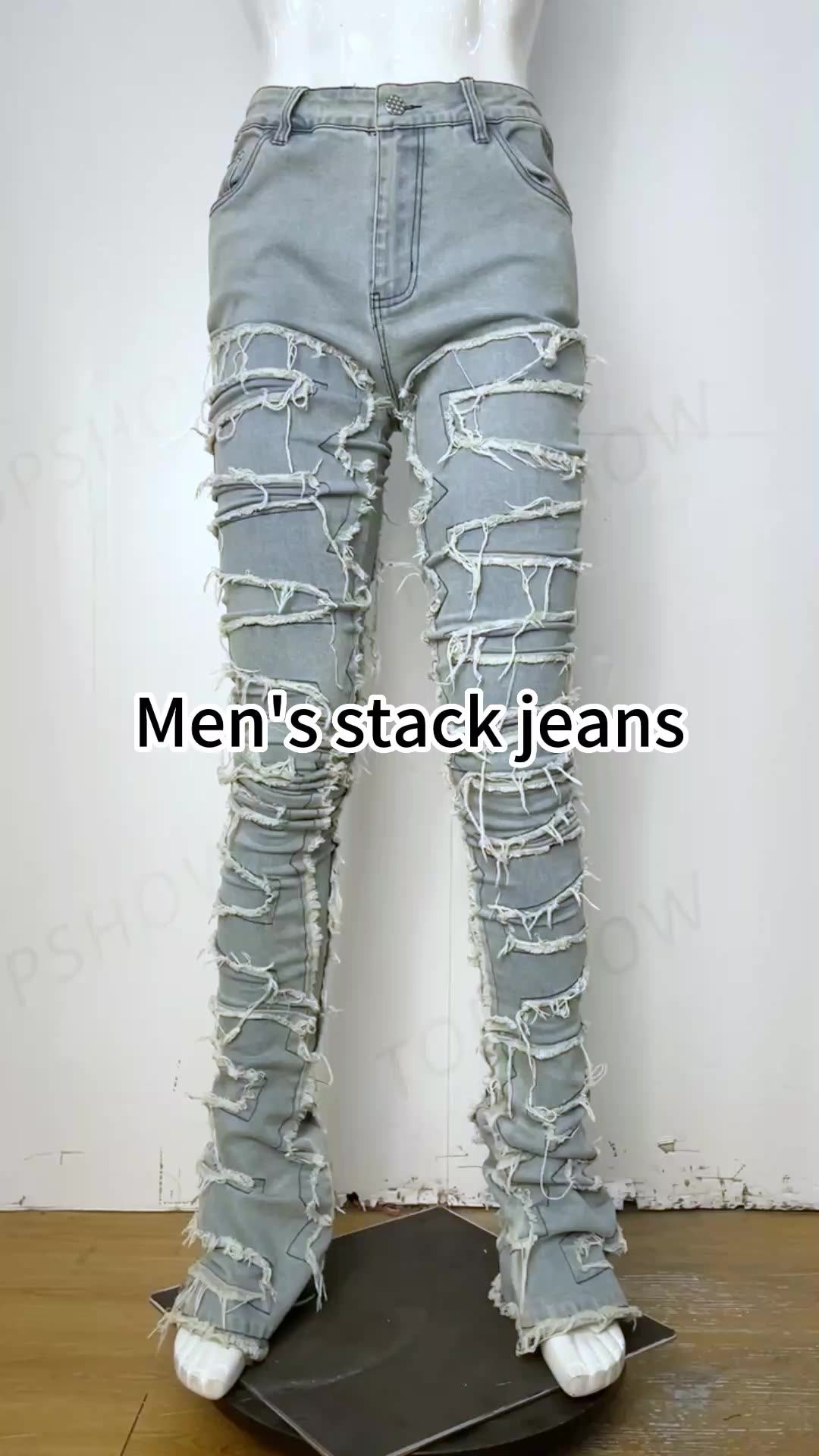 Custom Denim Factory Distressed Ripped Tear Baggy Flare Denim Pant Wide ...