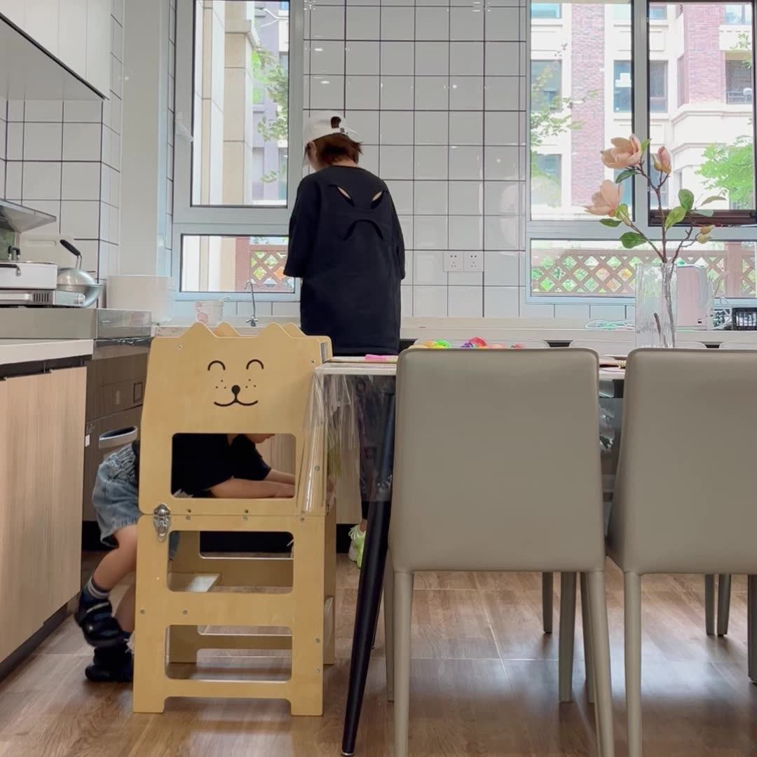 2 In 1 Toddler Standing Highchair Kitchen Helper Adjustable Solid Wood ...